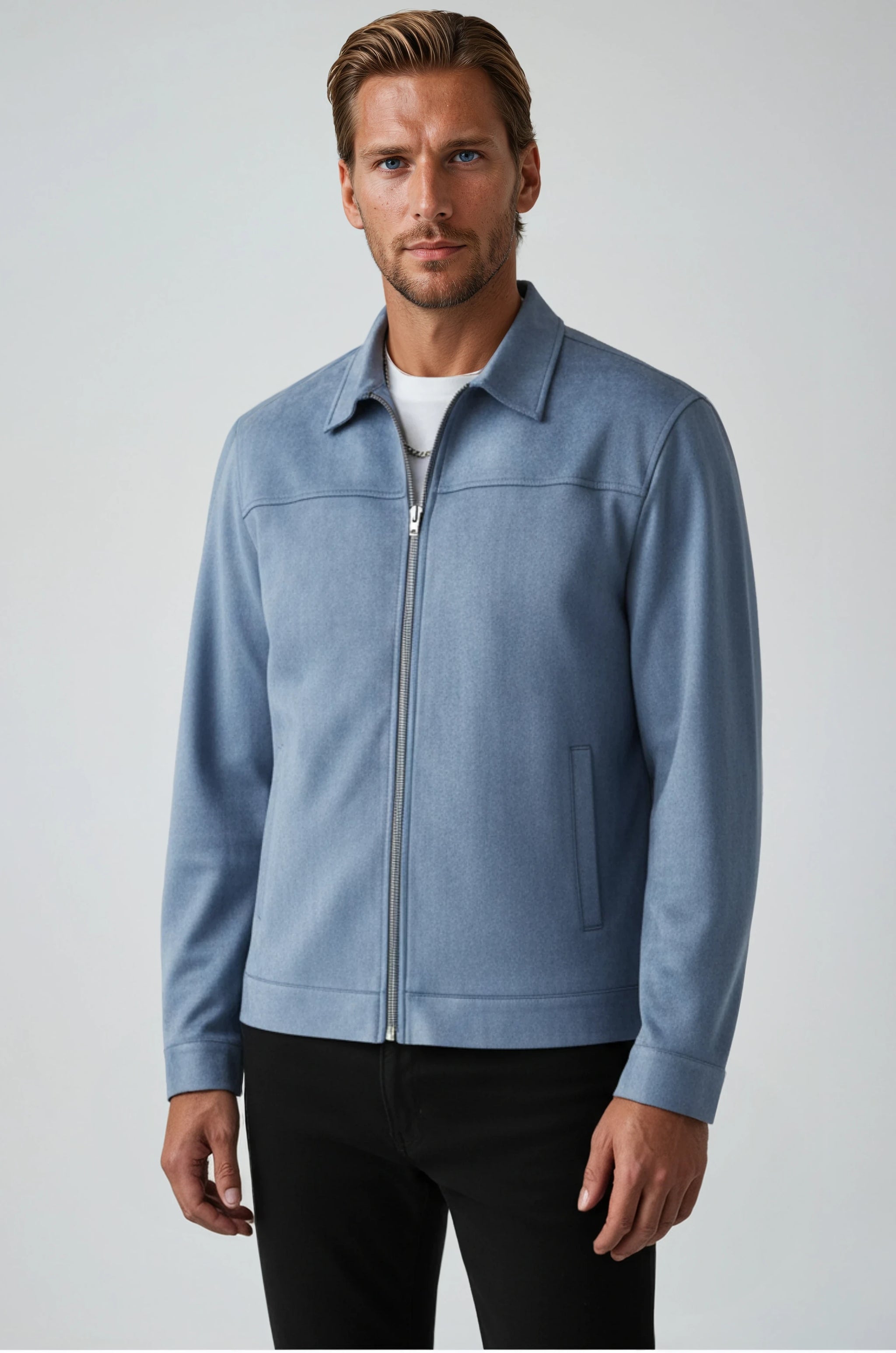 Dusty Blue Suede Jakke til Mænd – Elegant og Alsidig Hverdagsjakke